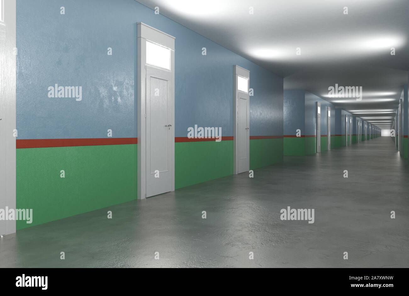 long corridor with doors, interior visualization, 3D illustration Stock ...