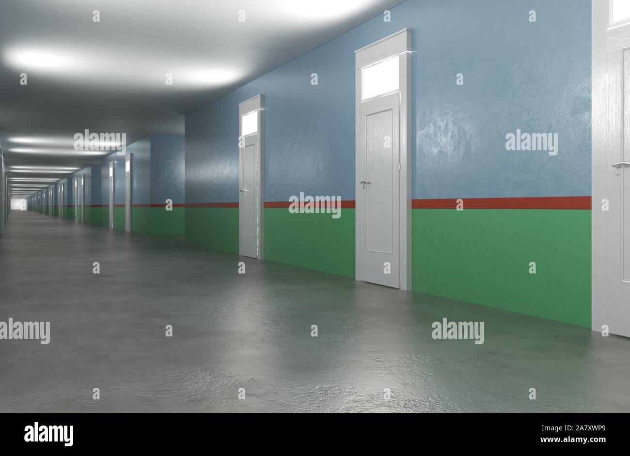 long corridor with doors, interior visualization, 3D illustration Stock ...