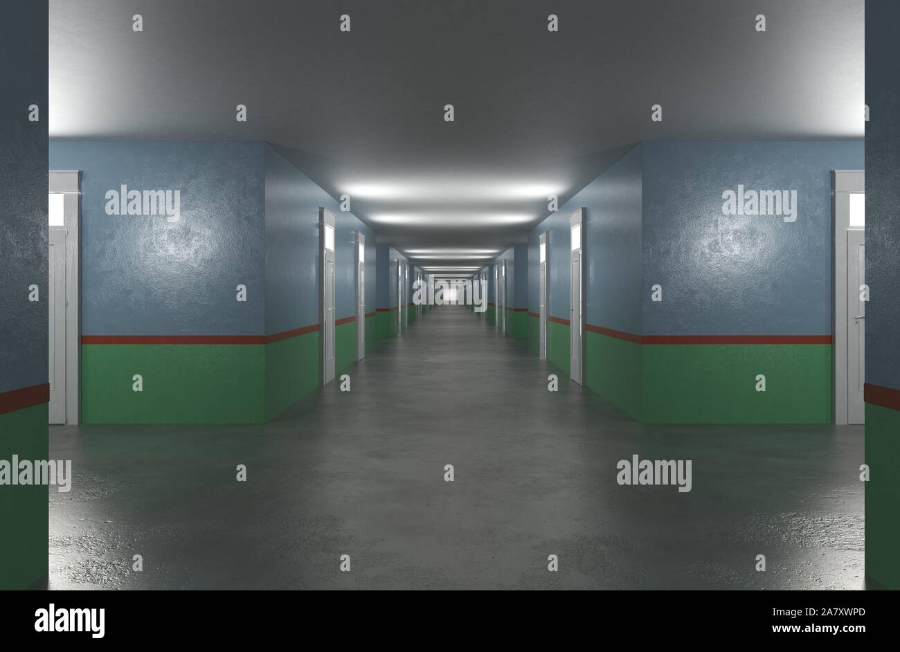 long corridor with doors, interior visualization, 3D illustration Stock ...