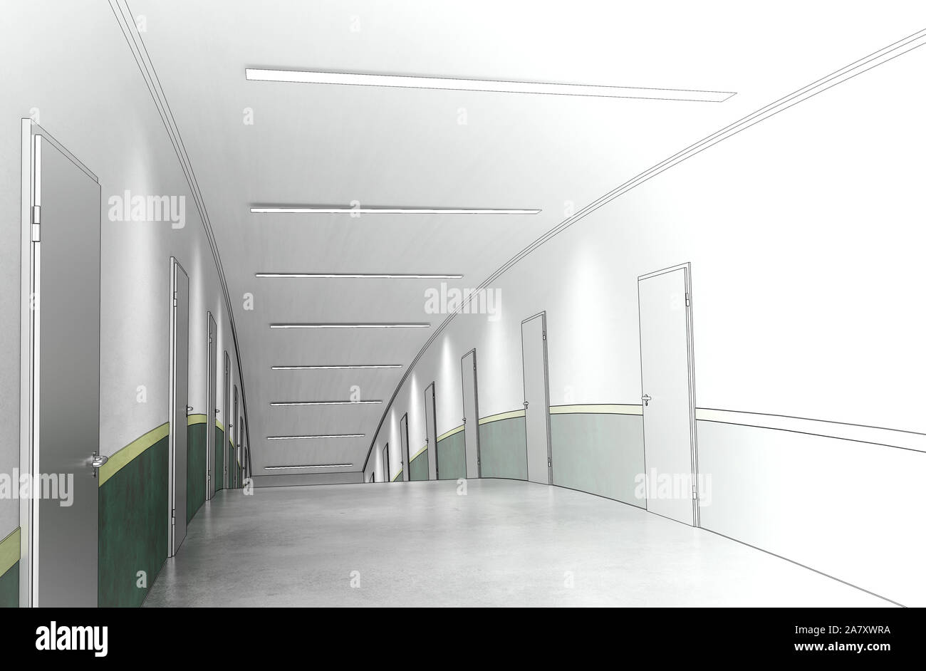 long corridor with doors, interior visualization, 3D illustration Stock ...