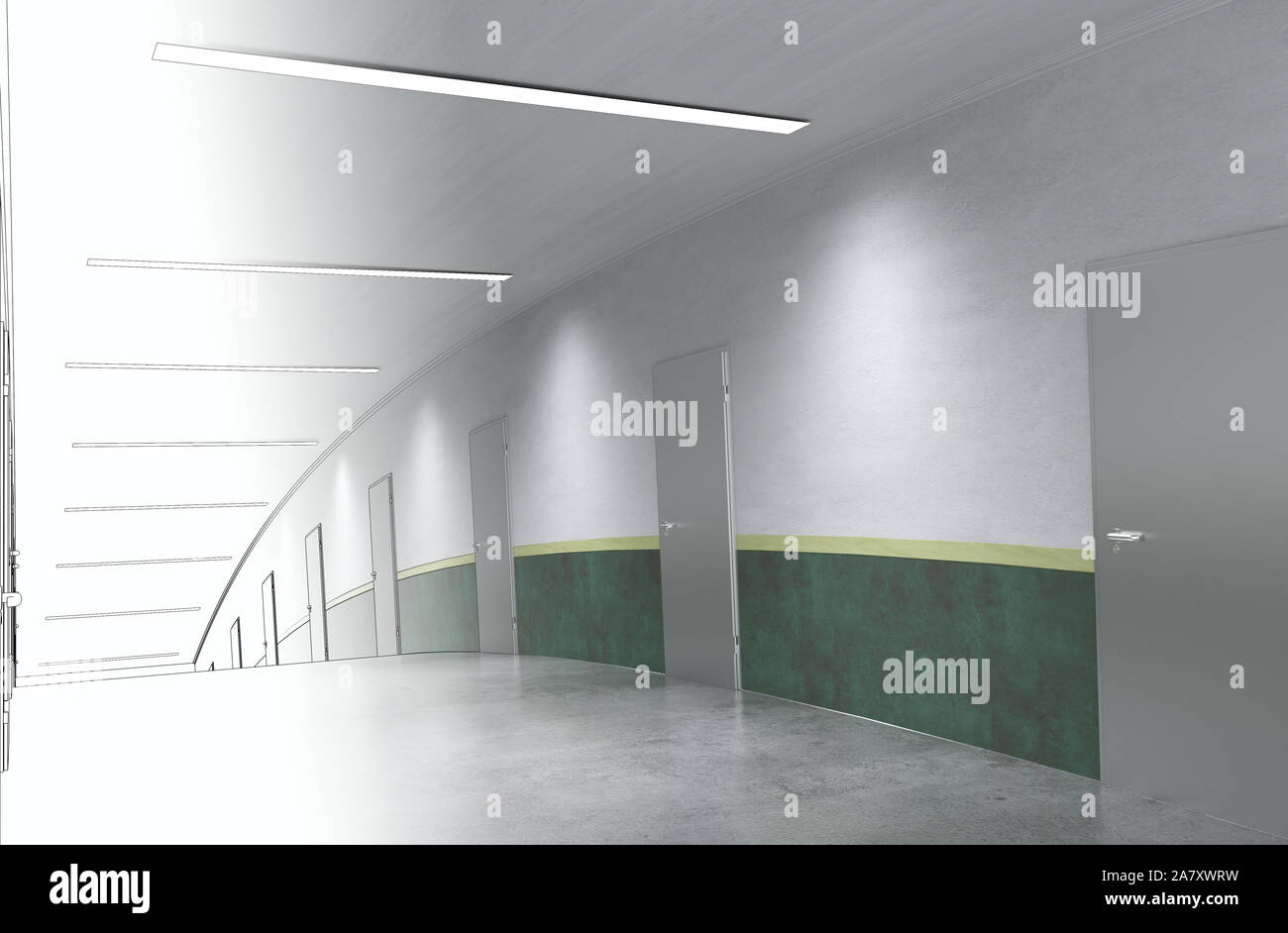 long corridor with doors, interior visualization, 3D illustration Stock ...