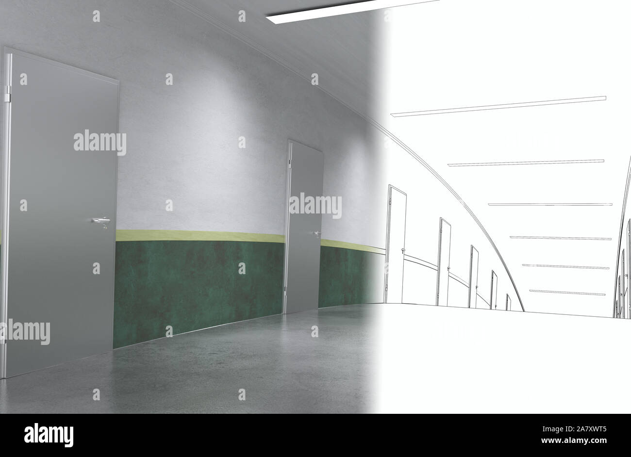 long corridor with doors, interior visualization, 3D illustration Stock ...