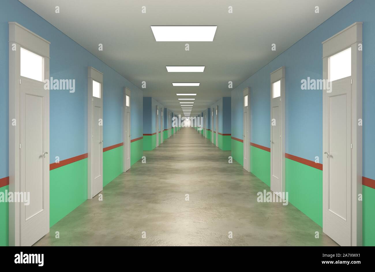 long corridor with doors, interior visualization, 3D illustration Stock ...
