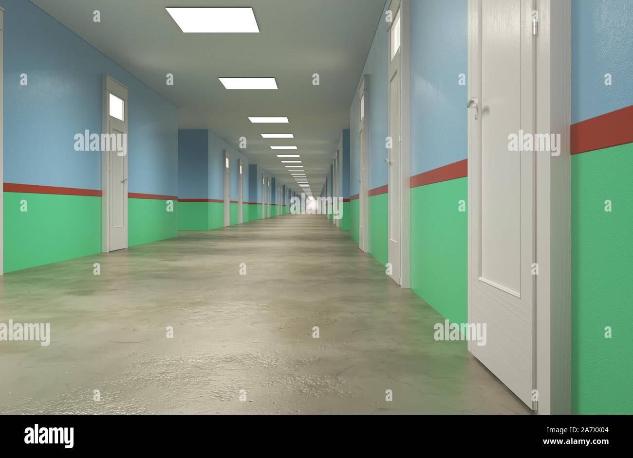 long corridor with doors, interior visualization, 3D illustration Stock ...