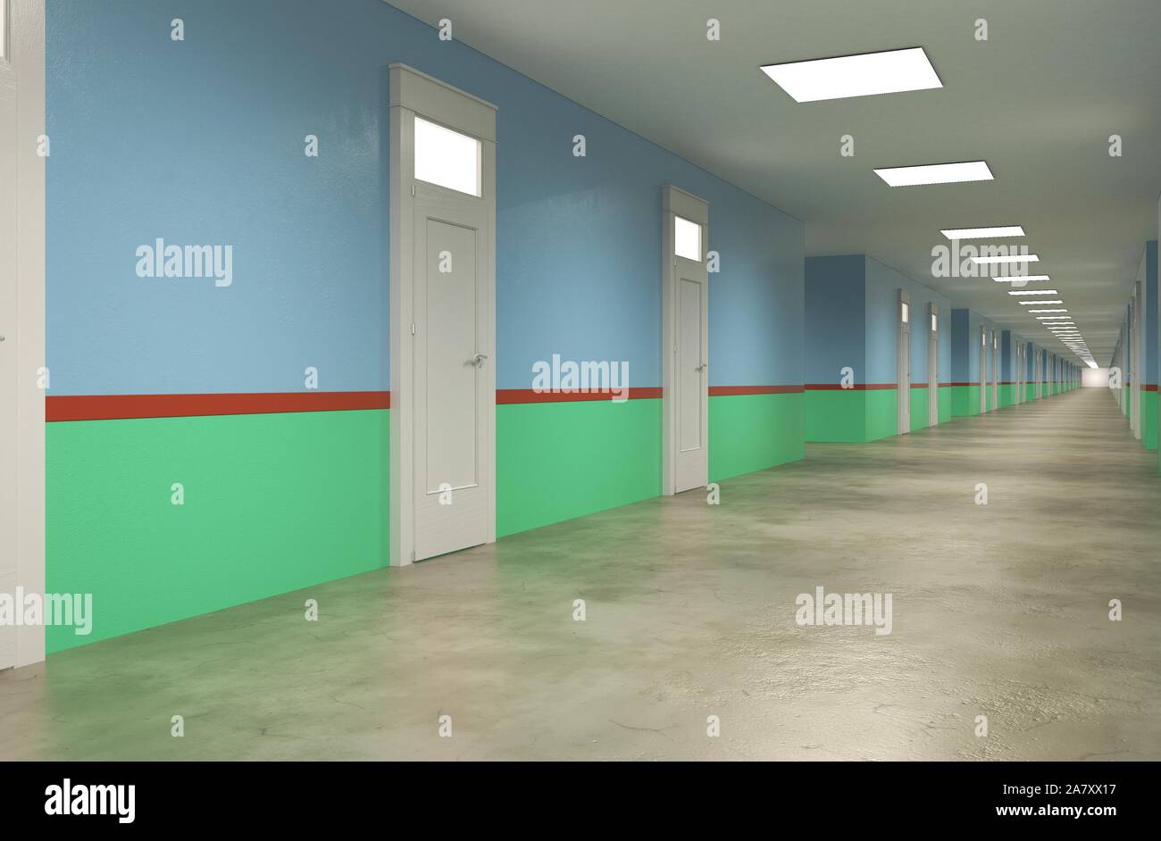 long corridor with doors, interior visualization, 3D illustration Stock ...