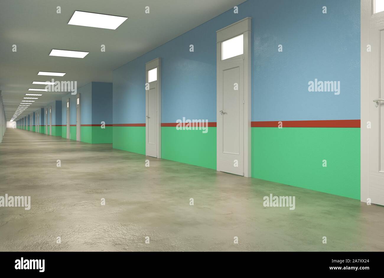 long corridor with doors, interior visualization, 3D illustration Stock ...