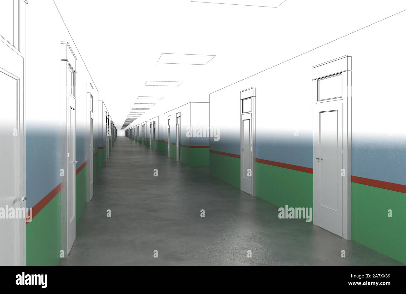 long corridor with doors, interior visualization, 3D illustration Stock ...
