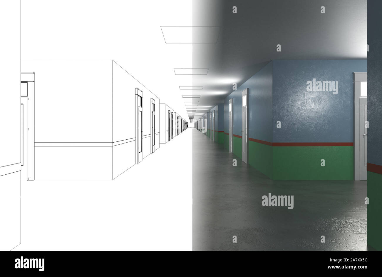 long corridor with doors, interior visualization, 3D illustration Stock ...