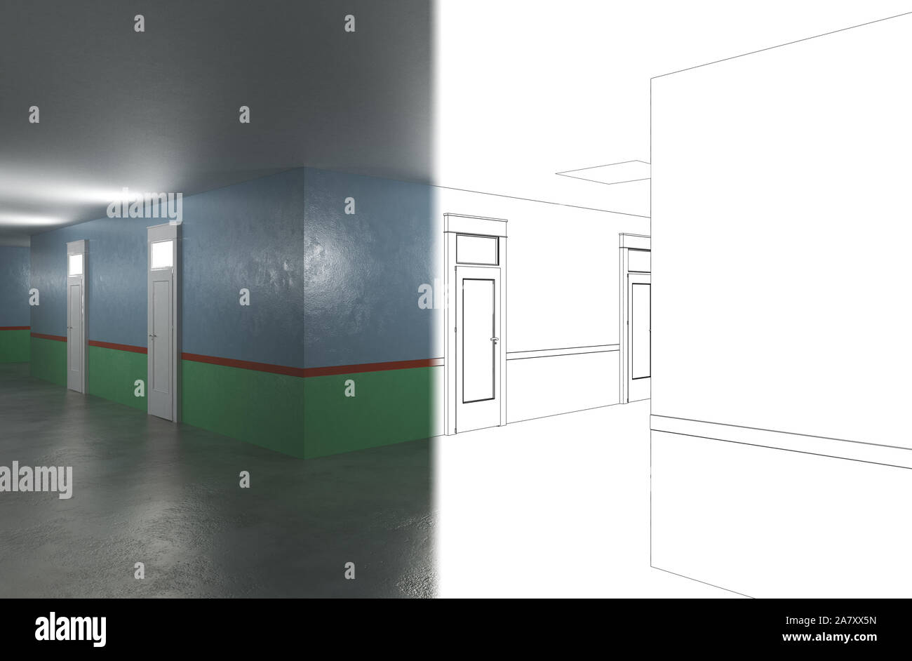 long corridor with doors, interior visualization, 3D illustration Stock ...
