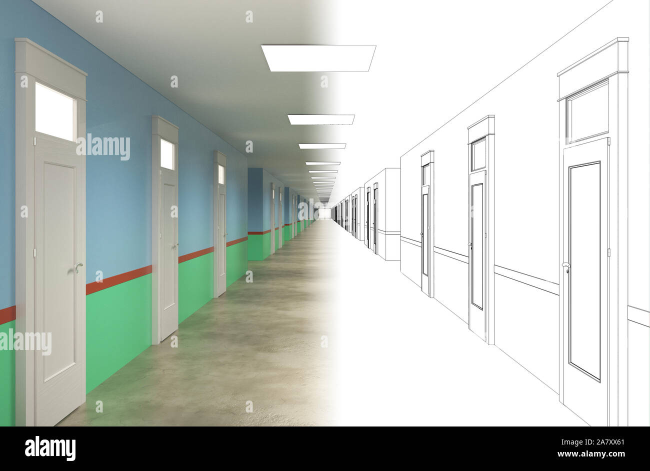 long corridor with doors, interior visualization, 3D illustration Stock ...
