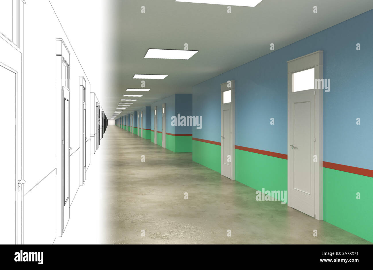 long corridor with doors, interior visualization, 3D illustration Stock ...