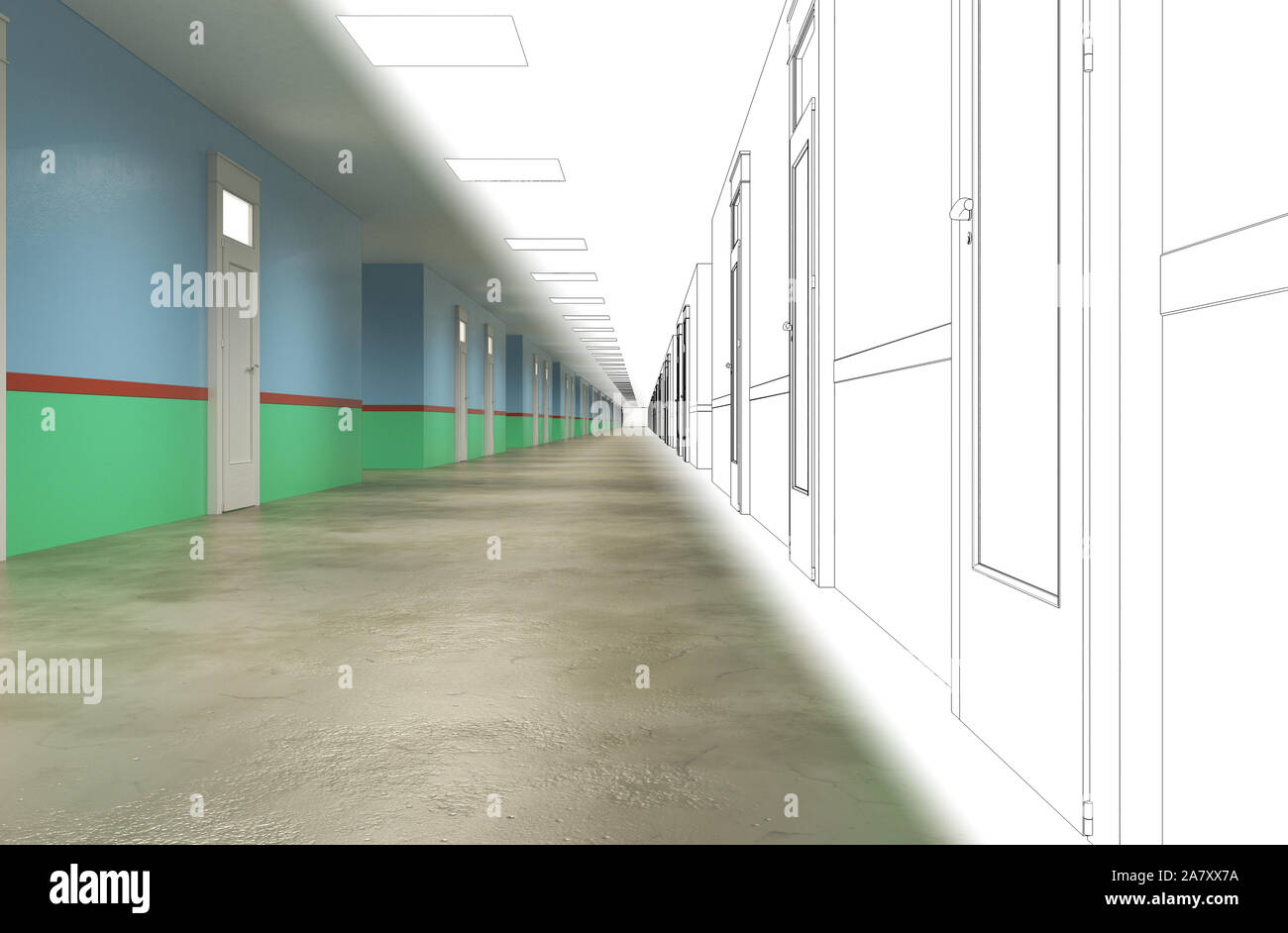 long corridor with doors, interior visualization, 3D illustration Stock ...