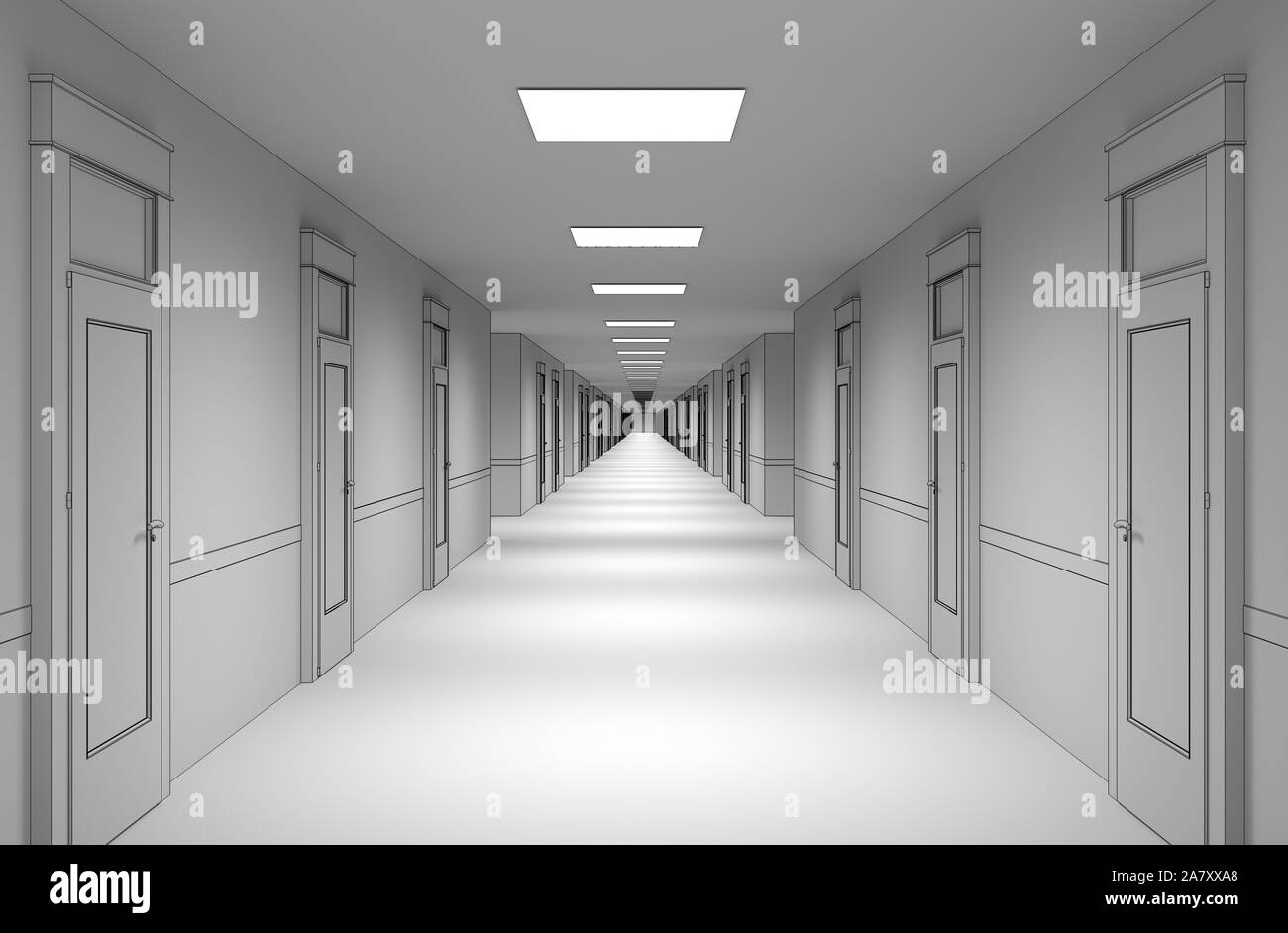 long corridor with doors, interior visualization, 3D illustration Stock ...