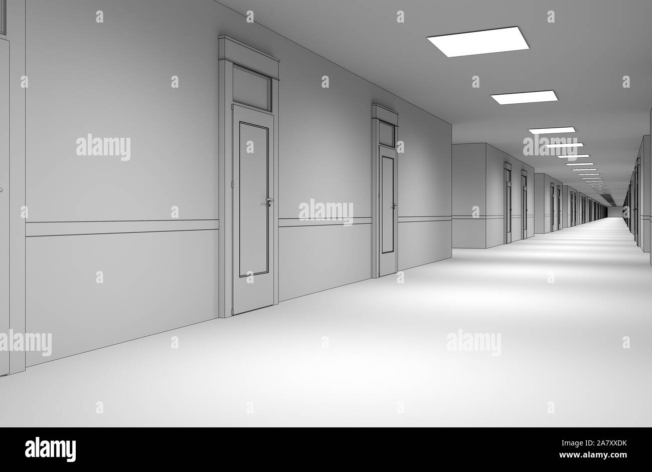 long corridor with doors, interior visualization, 3D illustration Stock ...
