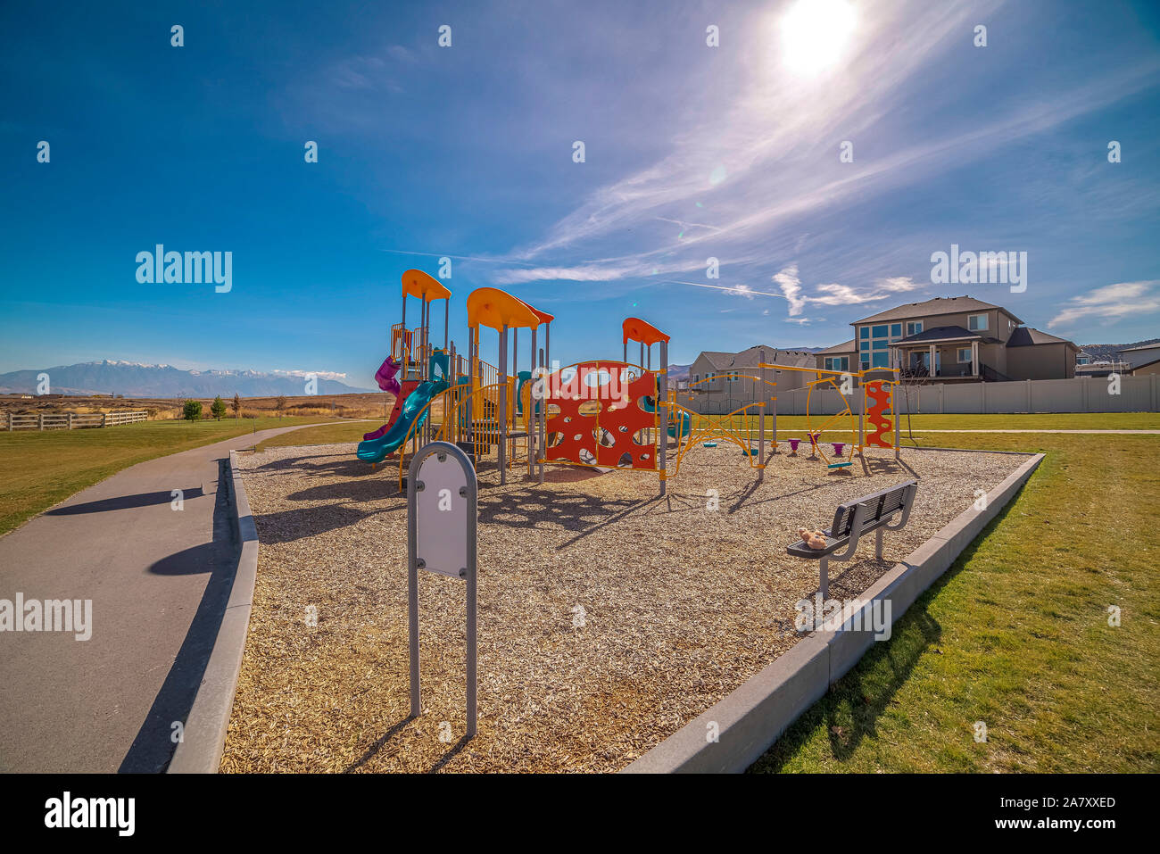 Corner perspective of a colorful kids playground Stock Photo - Alamy