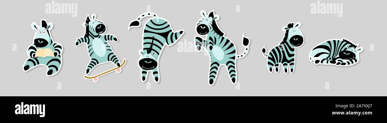 Set of stickers with funny zebras in different situations. Collection ...