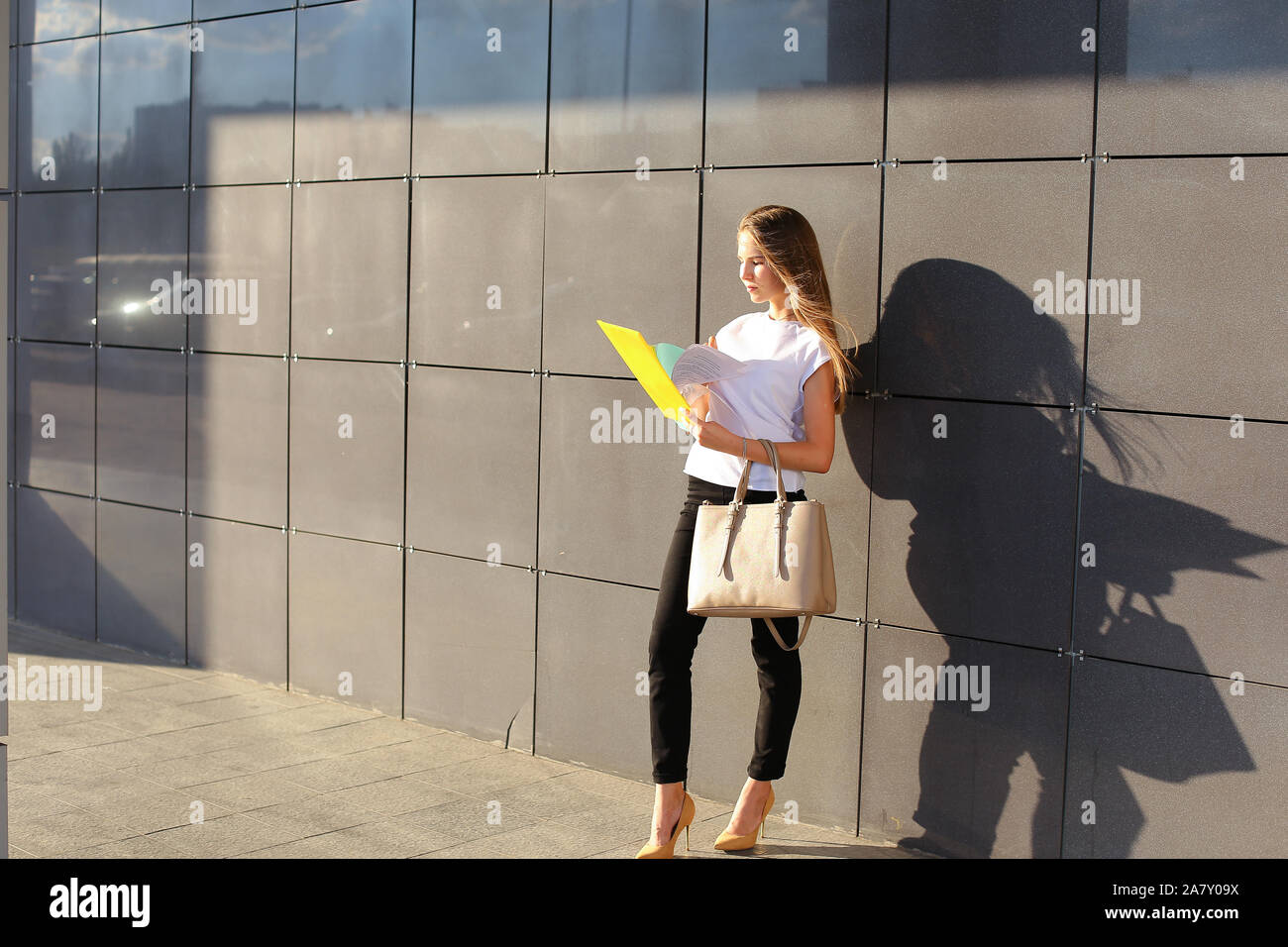 Business woman girl work business center look at documents Stock Photo ...