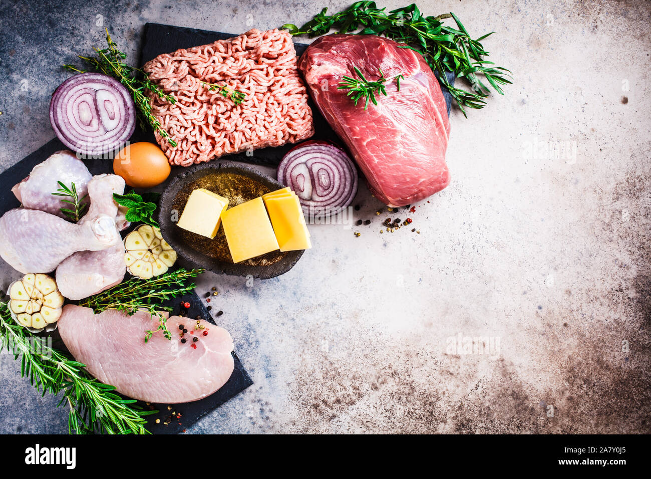 Carnivore diet concept. Raw meat of chicken, beef, butter, cheese, eggs ...