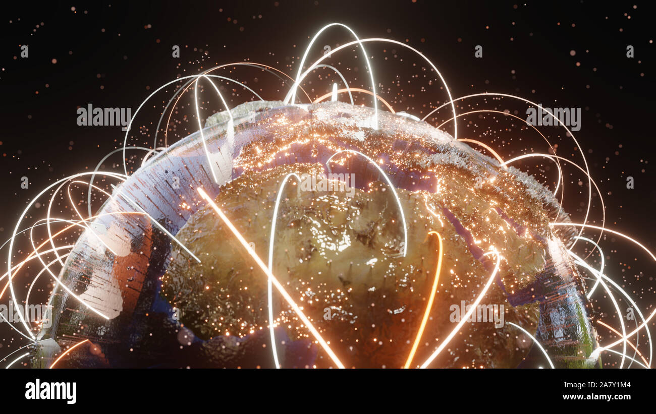 Connection curves and dots around Earth globe, Futuristic technology ...