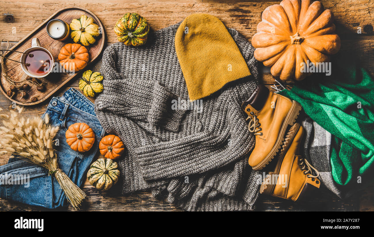 Autumn trendy women outfit layout over rustic wooden background Stock ...