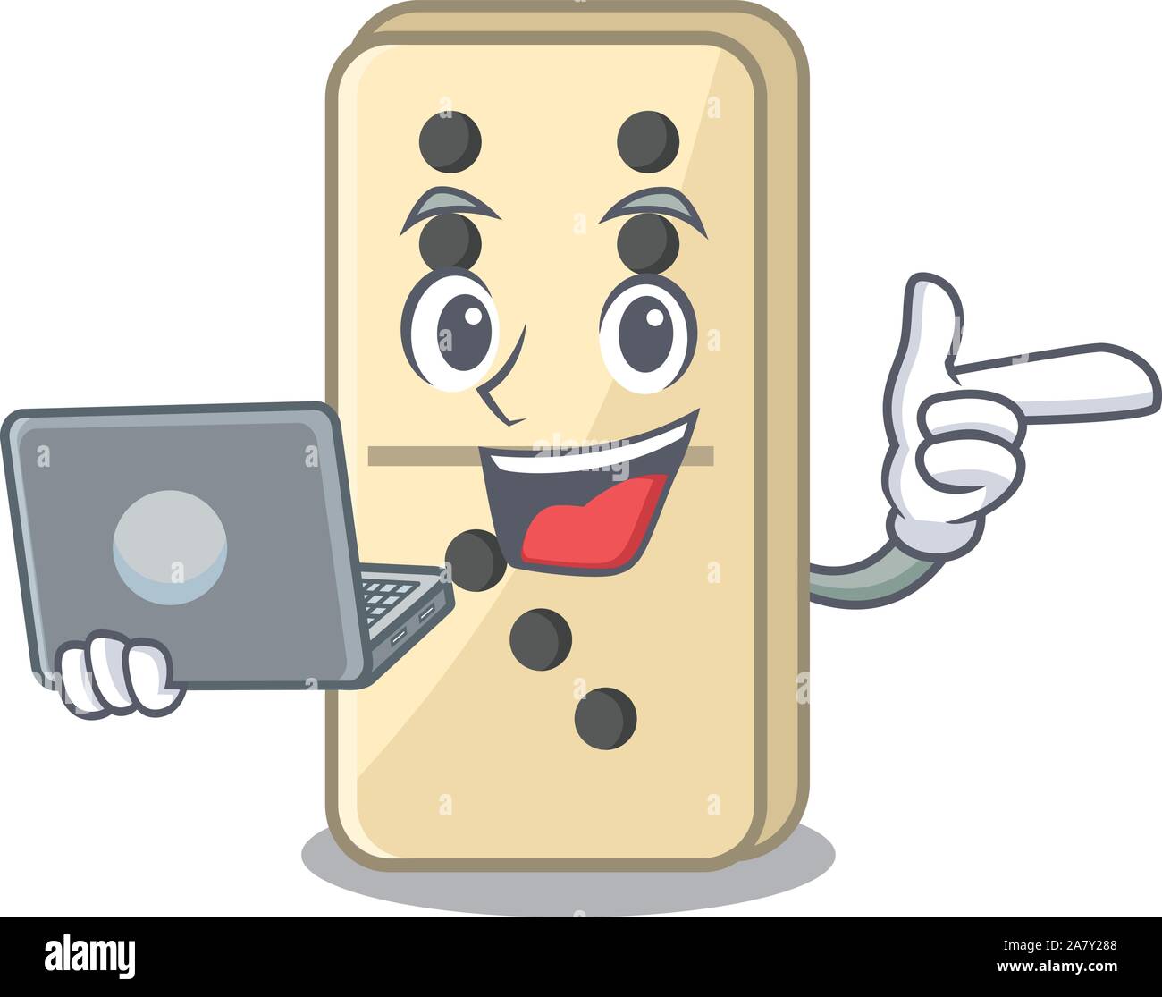 Cartoon dominoes on cute character shelves with bring laptop Stock ...