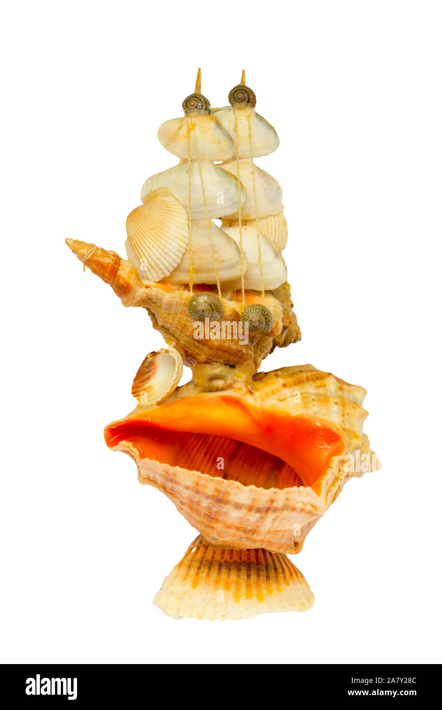 Ship shaped decoration made of natural seashells and isolated on white ...