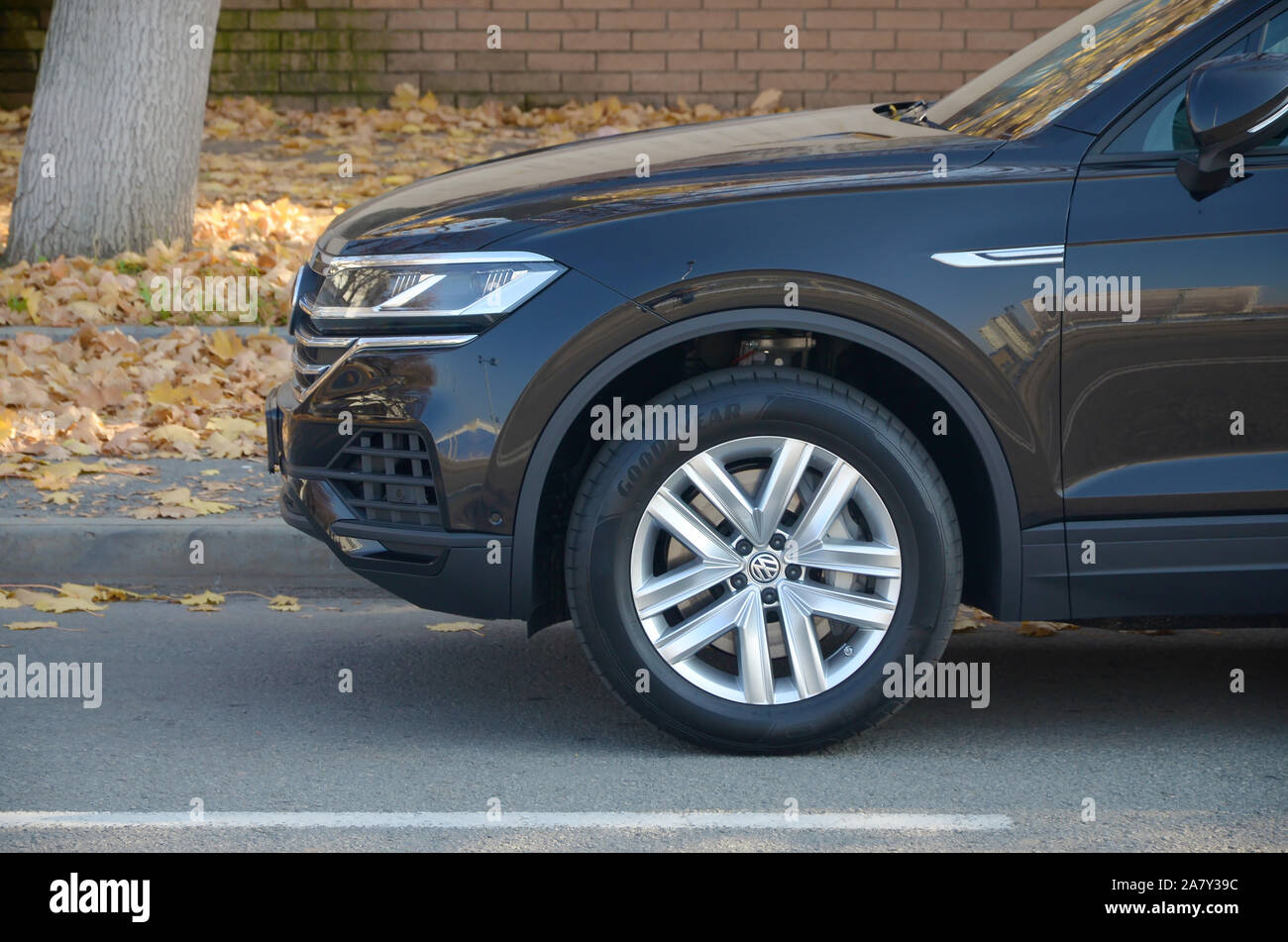 KHARKOV, UKRAINE - OCTOBER 21, 2019: Volkswagen car wheel. Volkswagen ...
