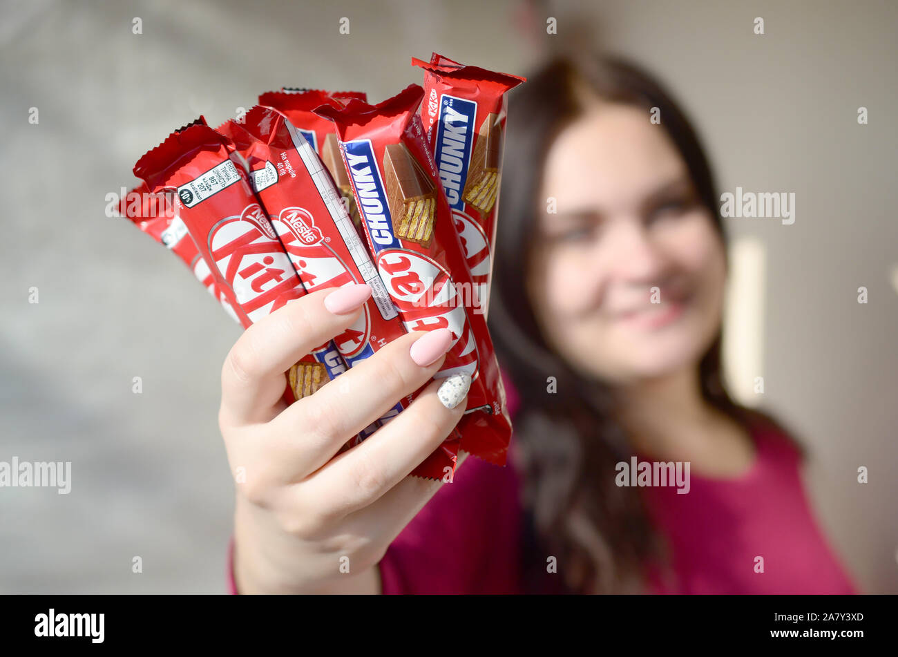 KHARKOV, UKRAINE - OCTOBER 21, 2019: A young caucasian brunette girl ...