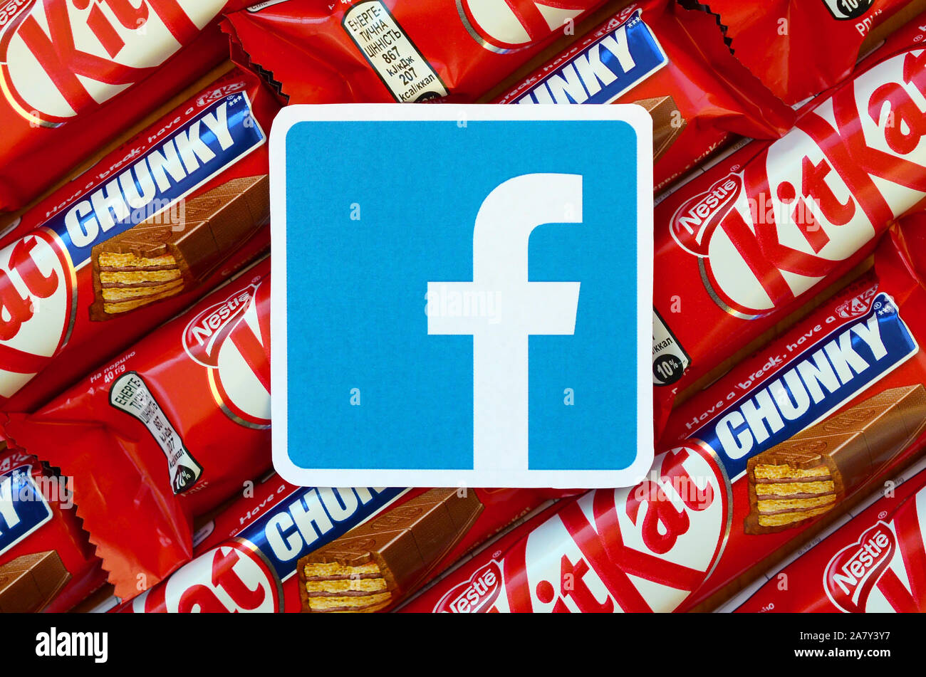 KHARKOV, UKRAINE - OCTOBER 17, 2019: Facebook paper logo on many Kit ...
