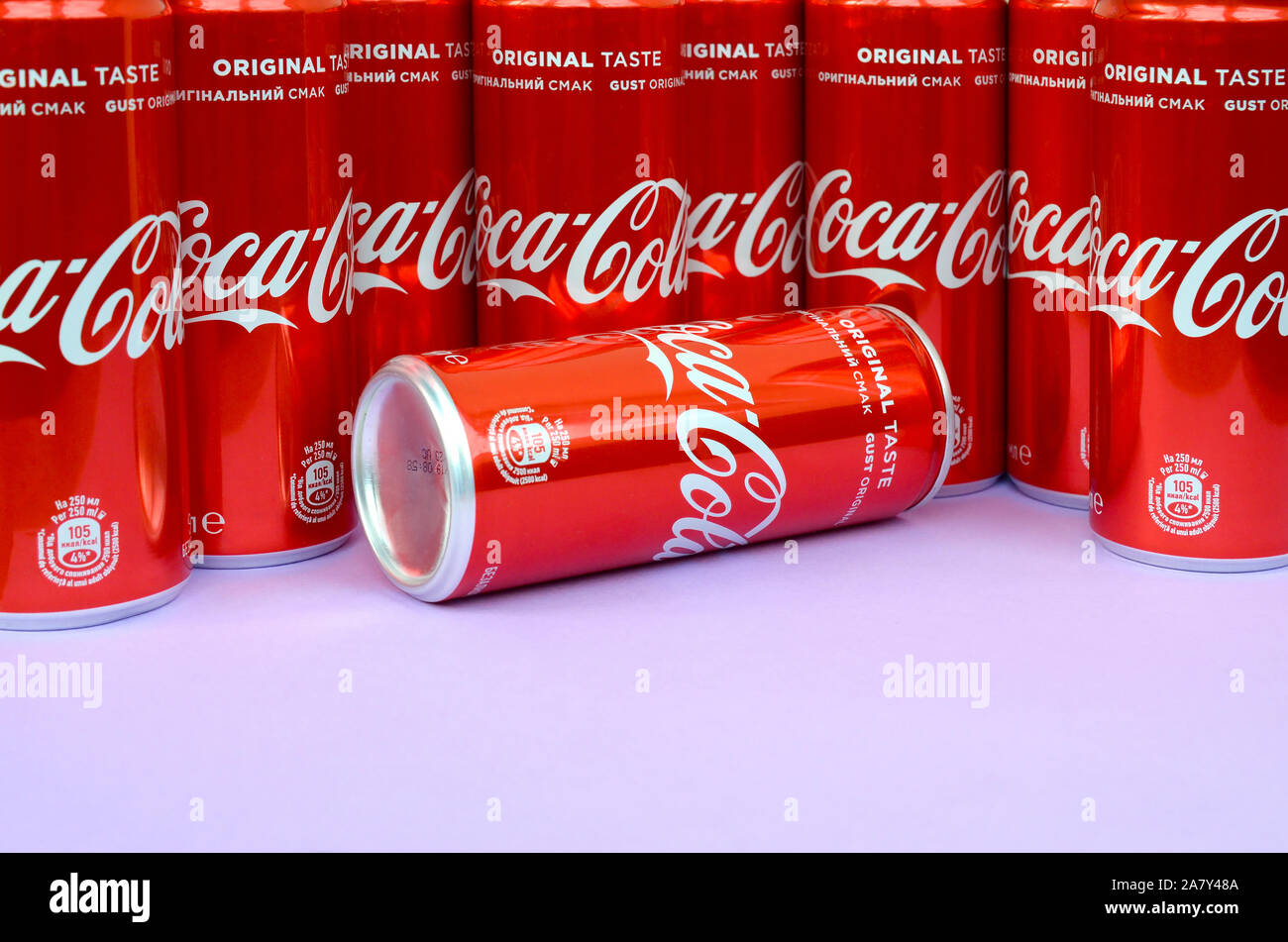 KHARKOV, UKRAINE - OCTOBER 2, 2019: Coca-Cola logo printed on aluminium ...