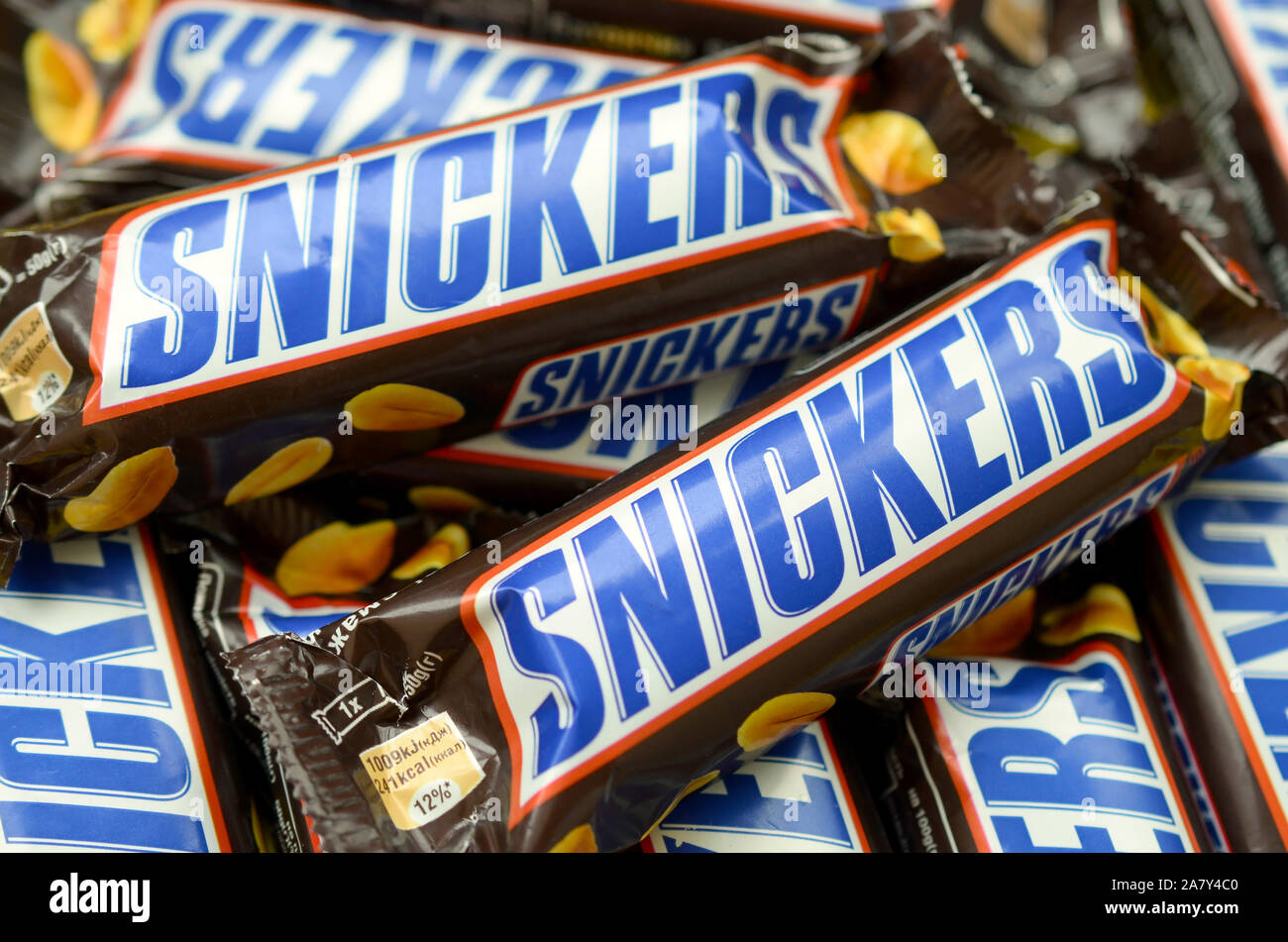 KHARKOV, UKRAINE - OCTOBER 2, 2019: Many Snickers chocolate bars ...