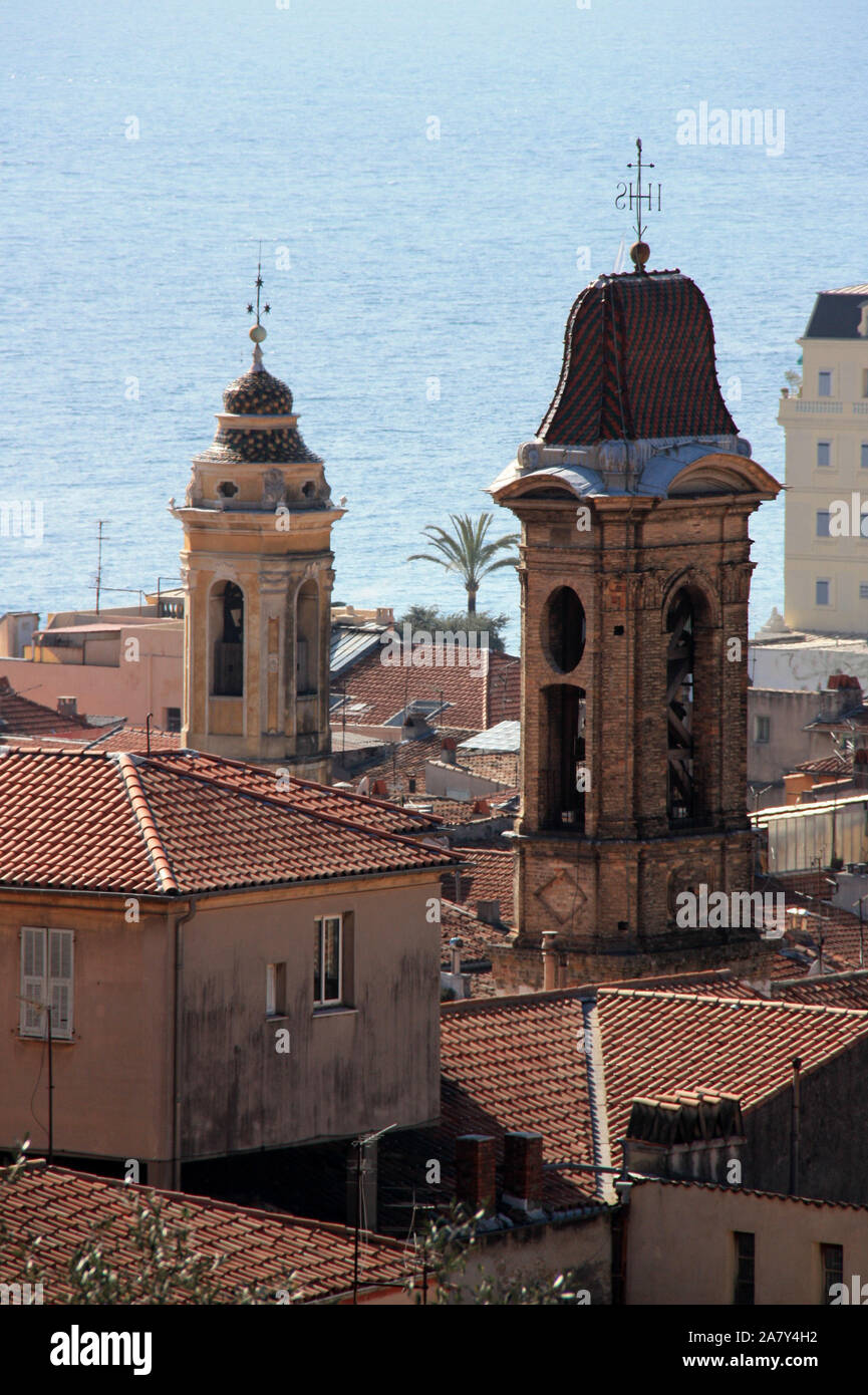 Two old bell towers at the historic city center of Nice, France, near ...