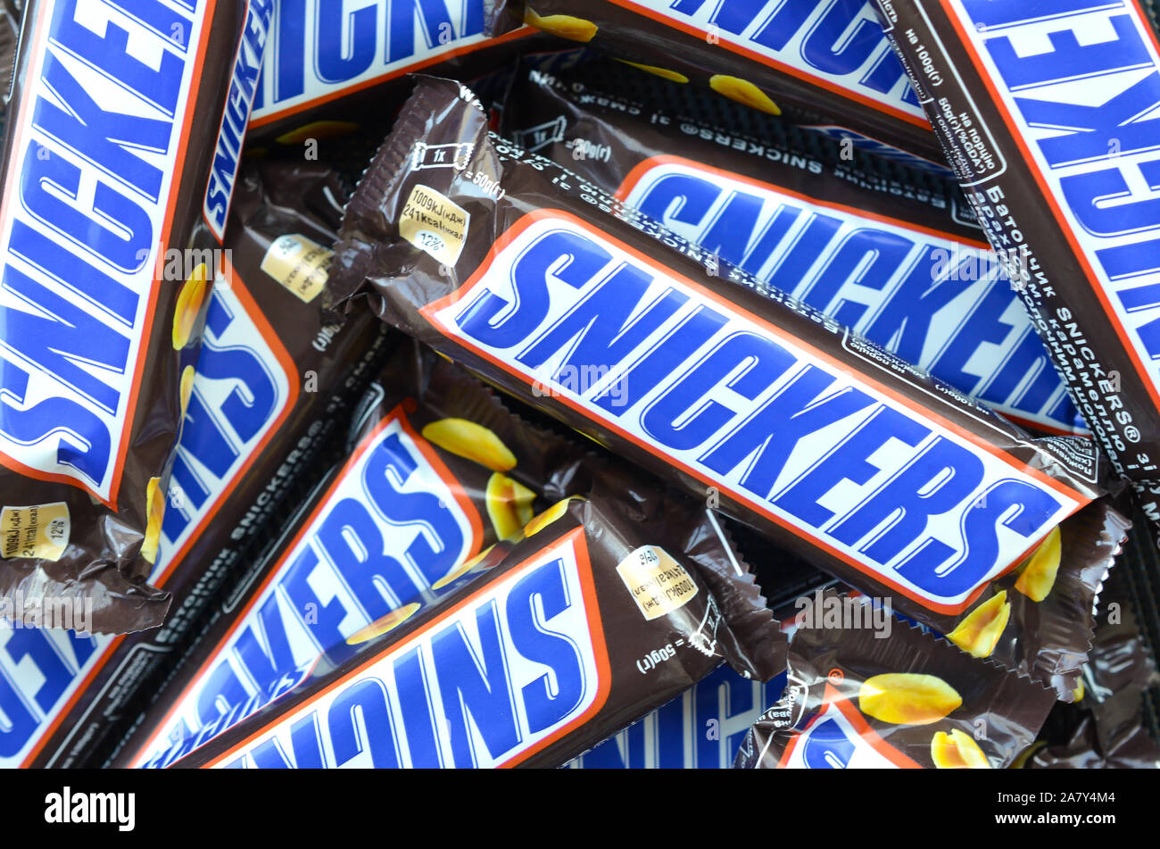 KHARKOV, UKRAINE - OCTOBER 2, 2019: Many Snickers chocolate bars ...