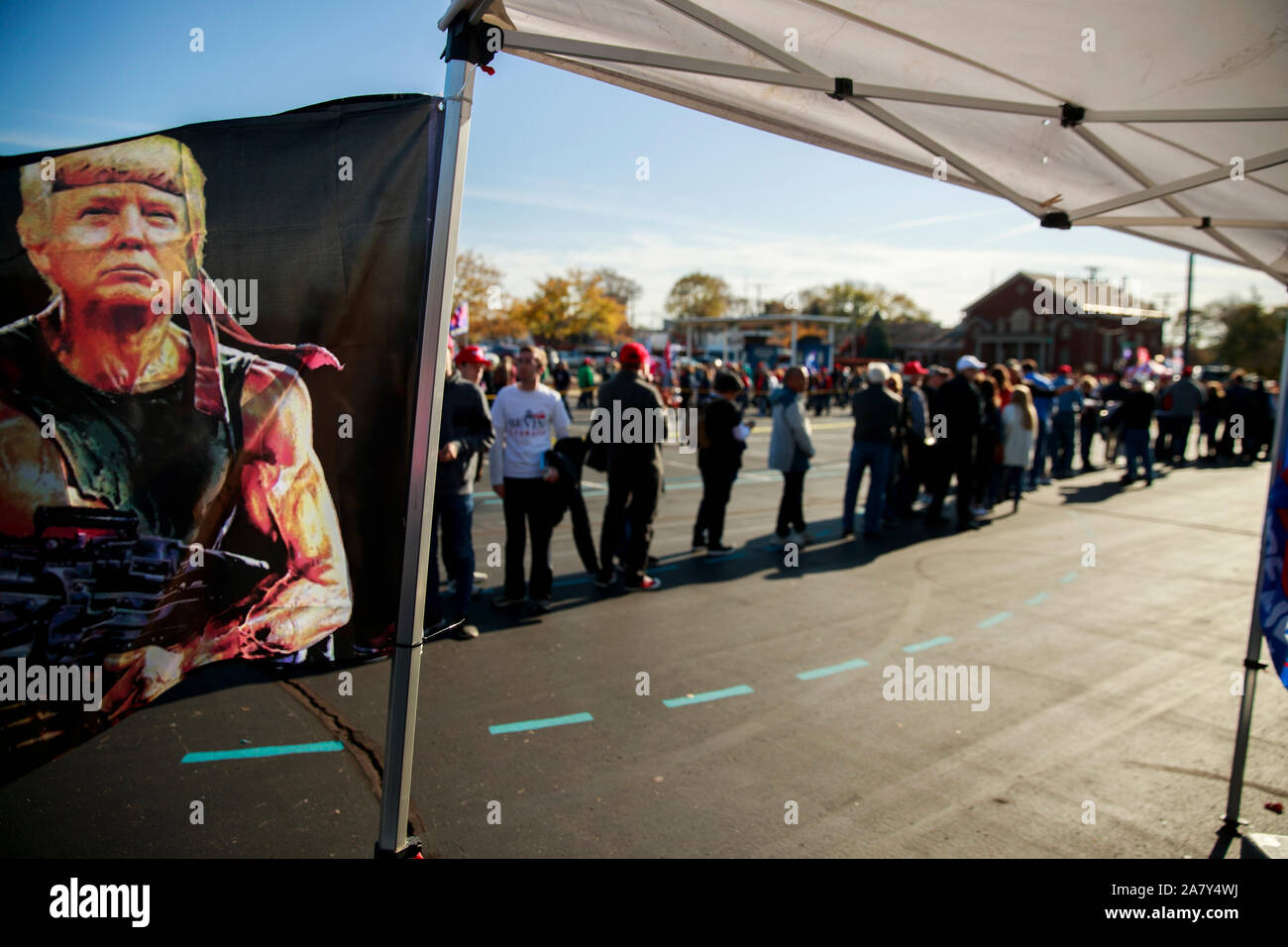 11042019 - Lexington, Kentucky, USA: A flag depicts Trump as Rambo ...