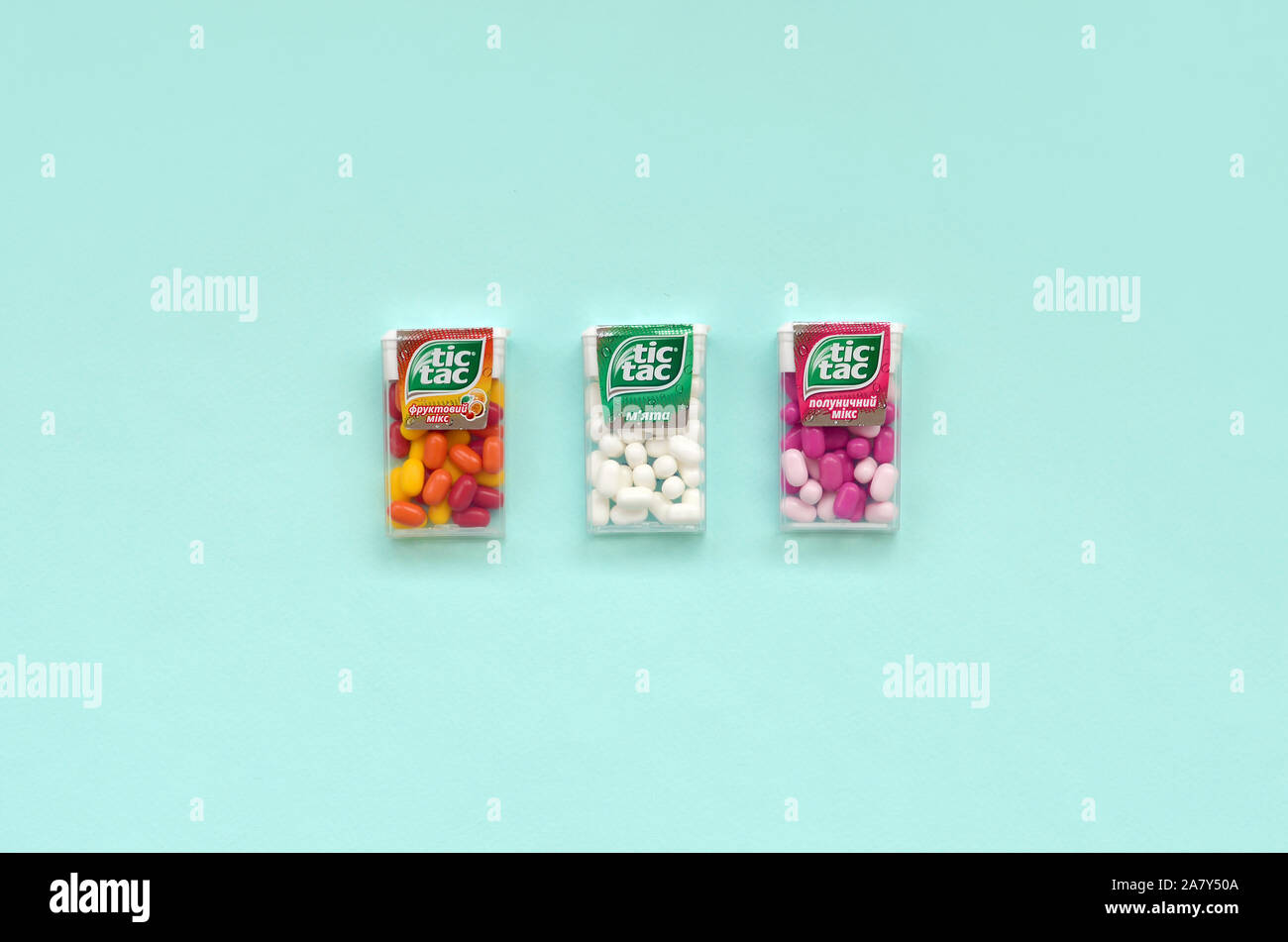 KHARKOV, UKRAINE - OCTOBER 26, 2019: Many Tic Tac Candy packages. Tic ...