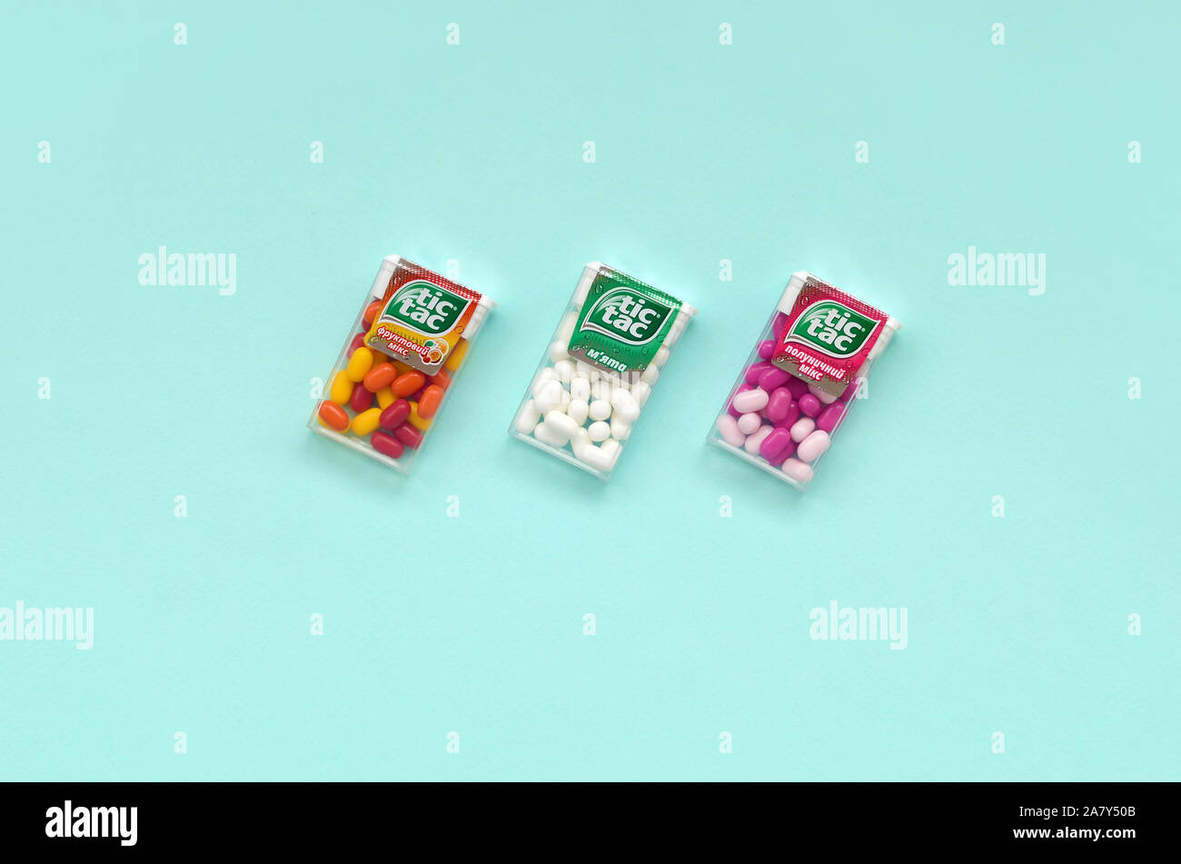 KHARKOV, UKRAINE - OCTOBER 26, 2019: Many Tic Tac Candy packages. Tic ...