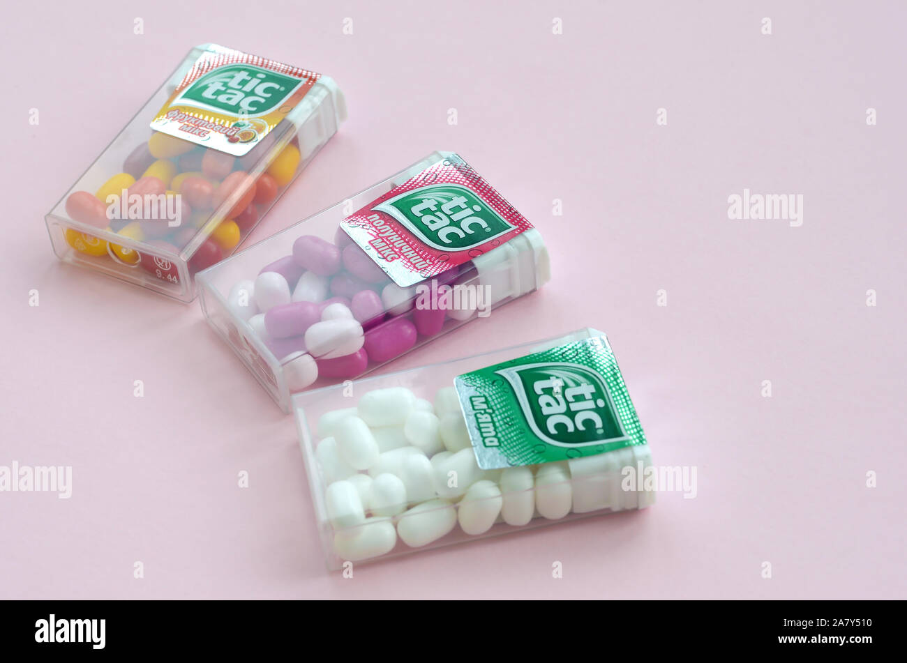 KHARKOV, UKRAINE - OCTOBER 26, 2019: Many Tic Tac Candy packages. Tic ...