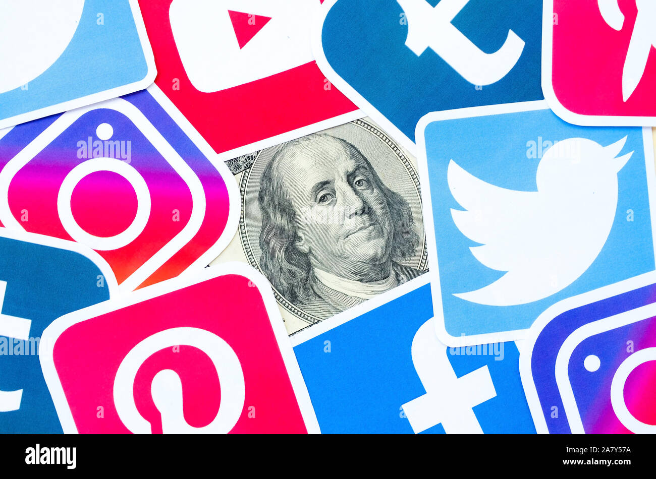 KHARKOV, UKRAINE - OCTOBER 3, 2019: Benjamin Franklin hundred dollars ...