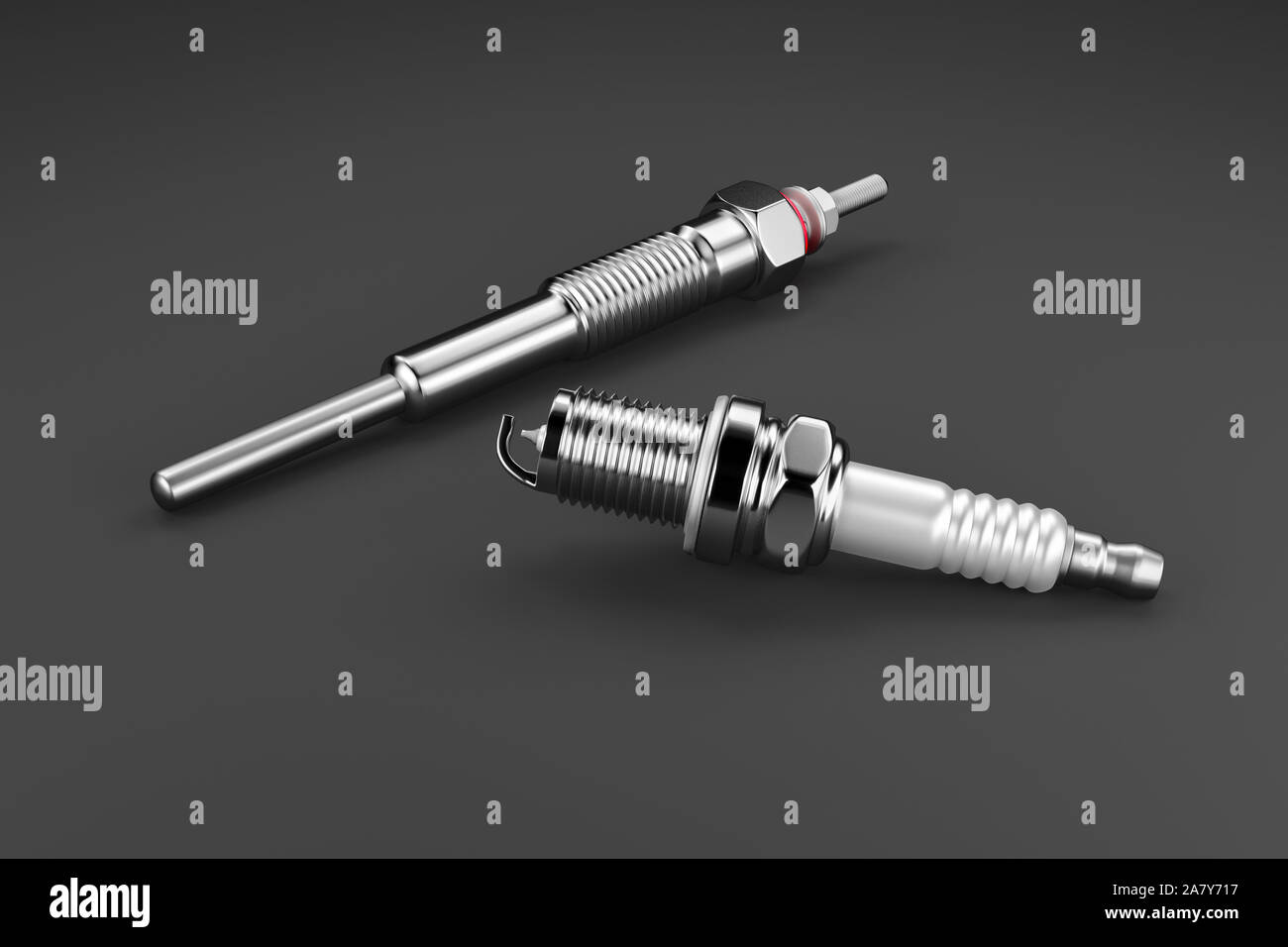 Two types of auto parts glow plug and spark plug on a black background ...