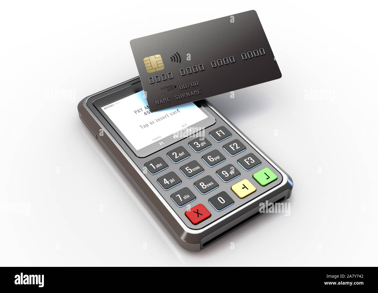 A portable handheld debit card machine with a bank card tapping the ...