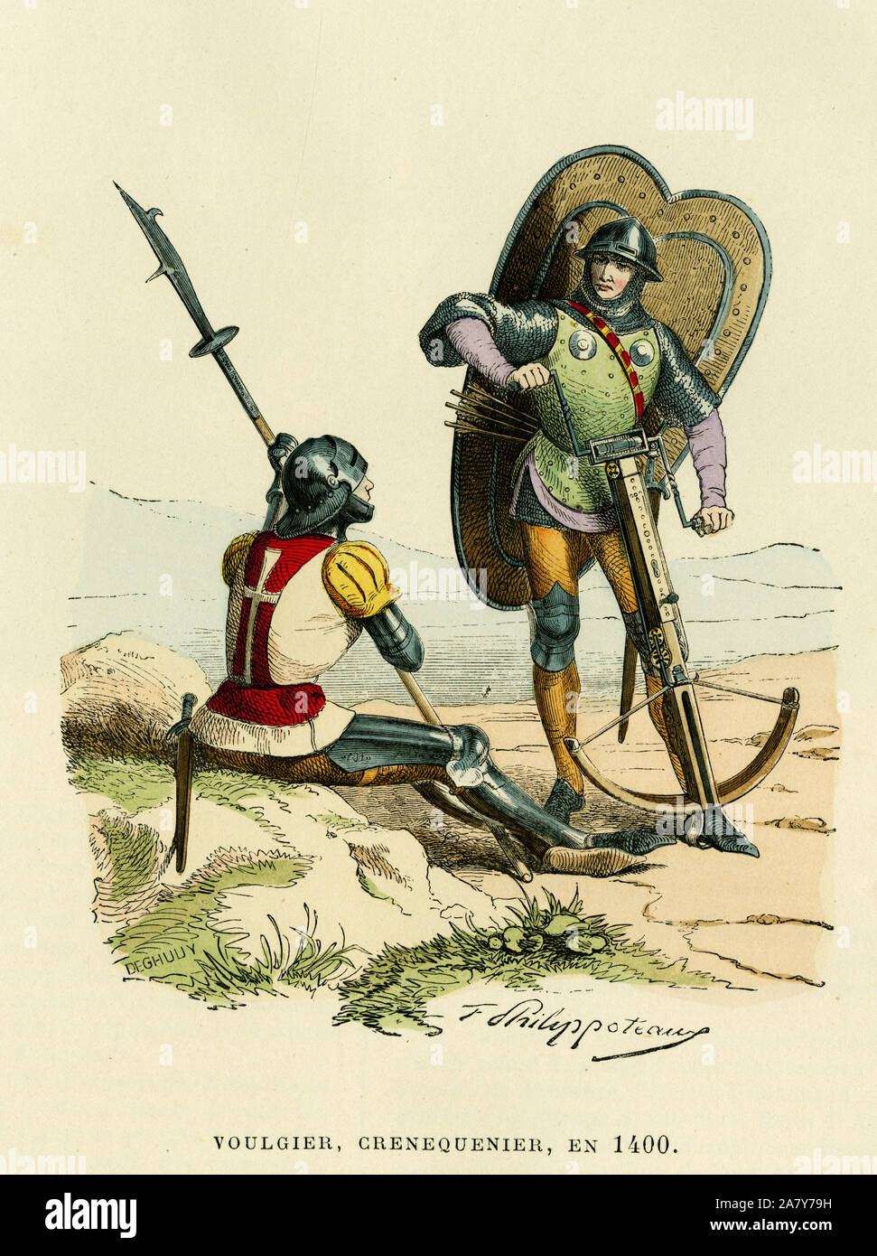 Costumes de voulgier et crenequier, en 1400. Gravure en couleurs, in ...