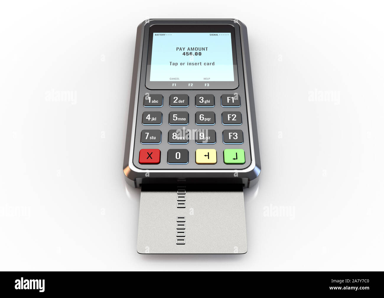 A portable handheld debit card machine with a bank card inserted into ...