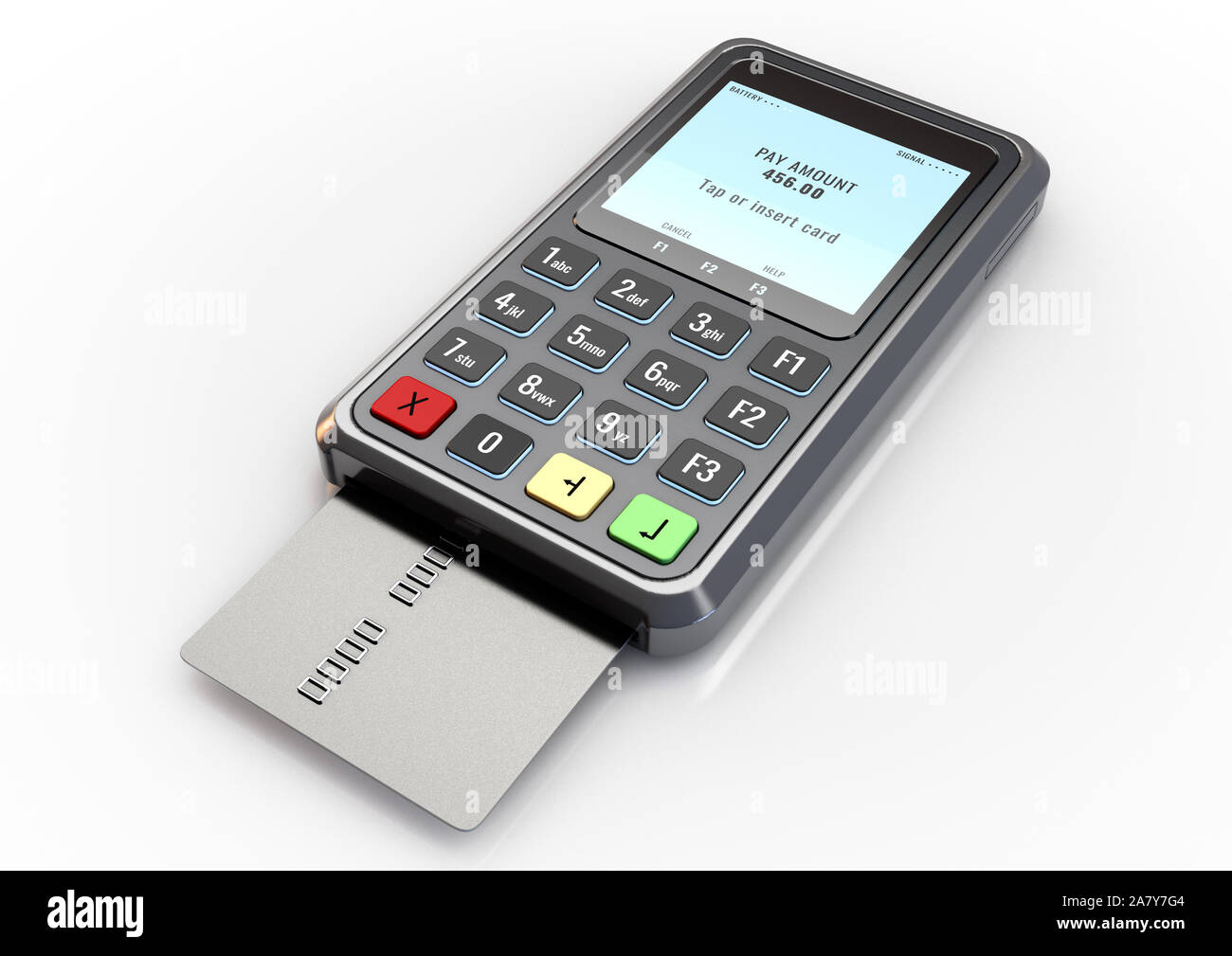 A portable handheld debit card machine with a bank card inserted into ...