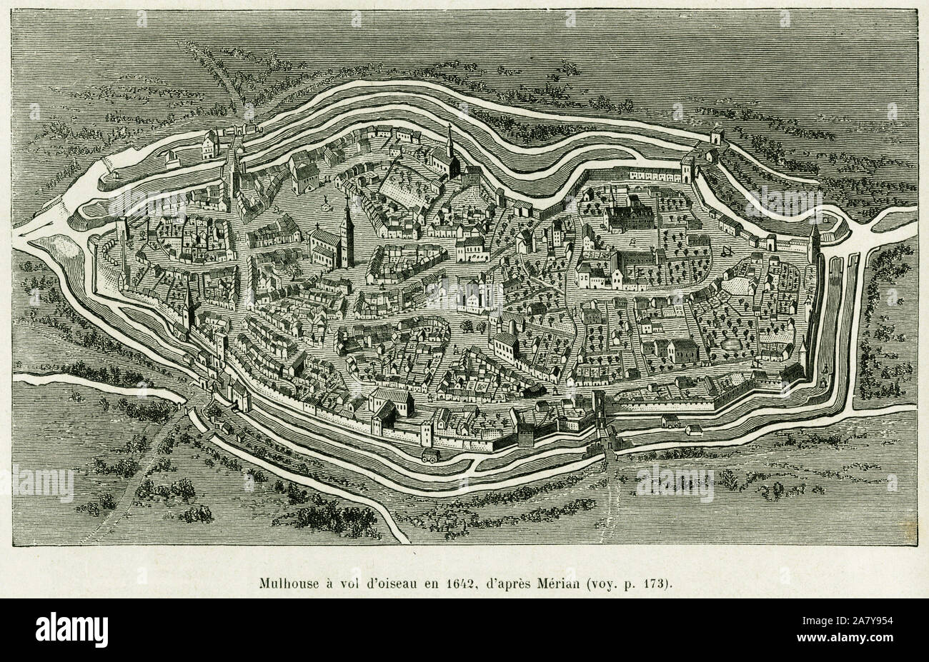 Mulhouse a vol d'oiseau en 1642. Gravure d'apres Matthaus Merian ( 1593 ...