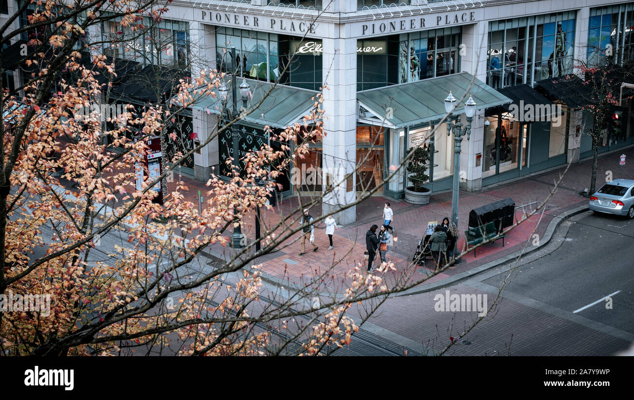 Portland, OR - Nov 3, 2019 : Top view of downtown Portland near Pioneer ...