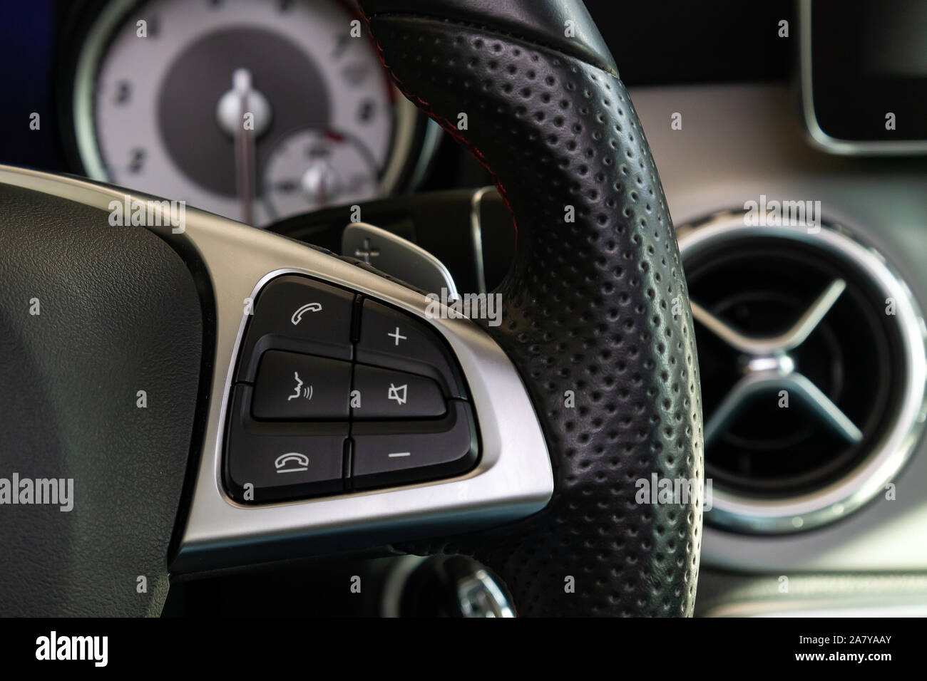 The interior elements of a new expensive business car inside with ...