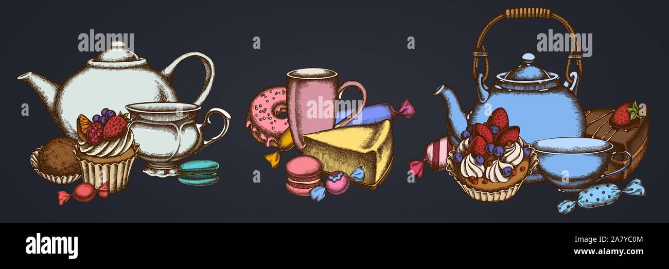 Composition of macaron, candies, cheesecake, cupcake, teapots, cups ...