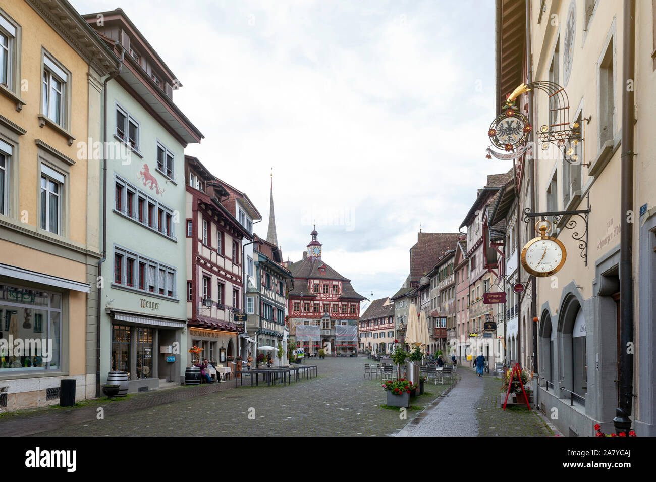 Preserved historic buildings at Rathausplatz, a town square in old ...