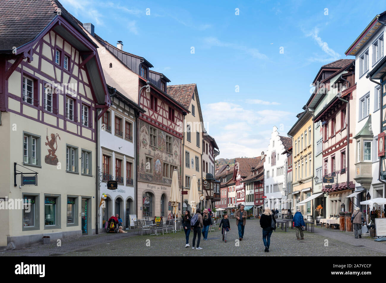 Preserved historic buildings at Rathausplatz, a town square in old ...
