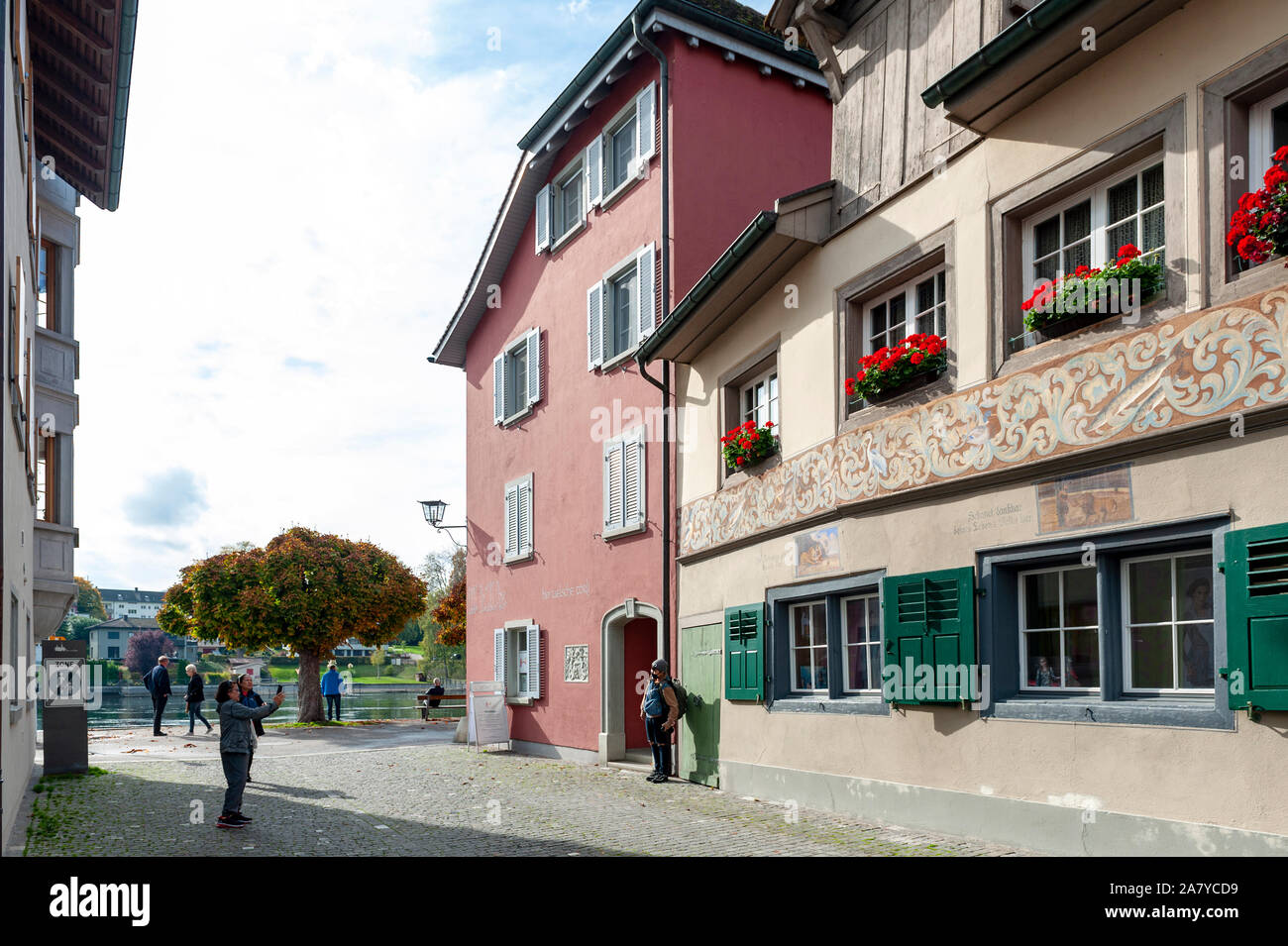Preserved historic buildings at Rathausplatz, a town square in old ...